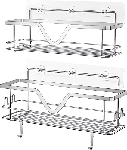 SIXDOVE Shower Caddies 2 PACK - No Drilling Adhesive Shower Organizer with Hooks, Rustproof SUS304 Stainless Steel Bathroom Shower Shelf, Shower Rack Large Shower Holder & Kitchen Storage (Silver)