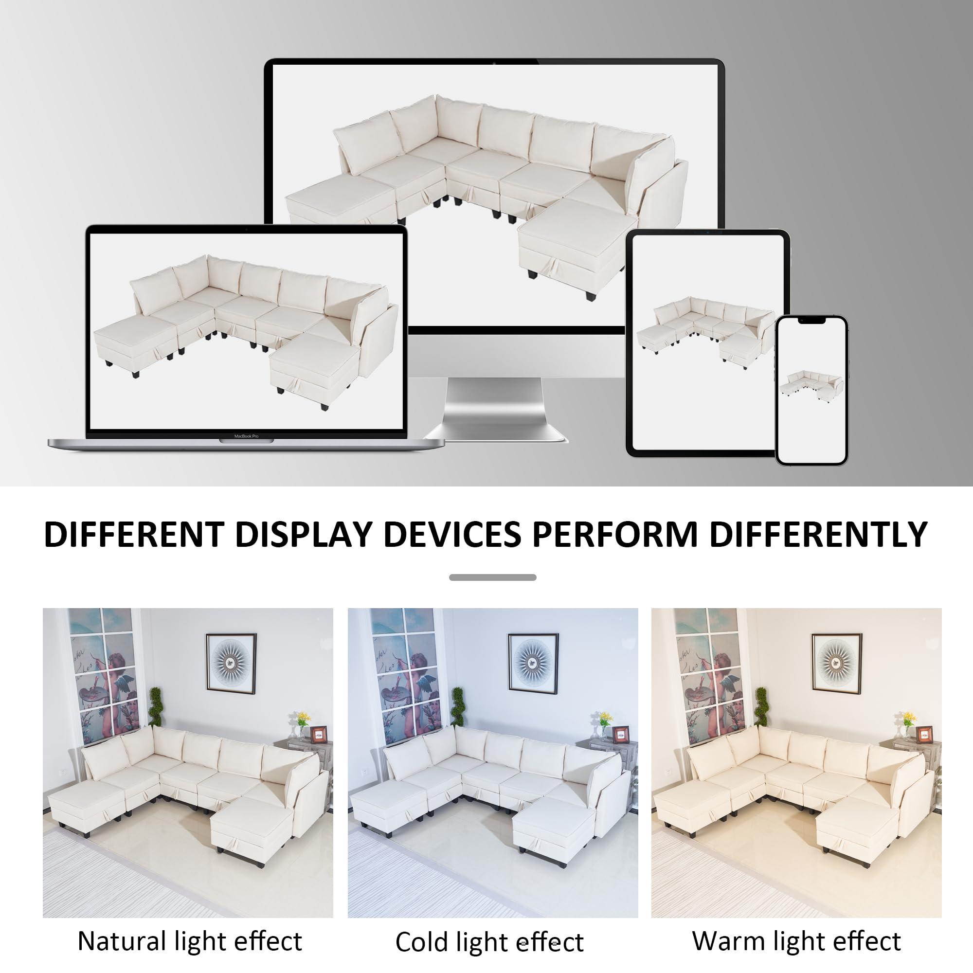 Neylory Modular U-Shaped Sectional Sofa, Oversized 7 Seater Sectional Couch with Storage Seat & Ottoman, Convertible Sleeper Sofa for Living Room, Beige
