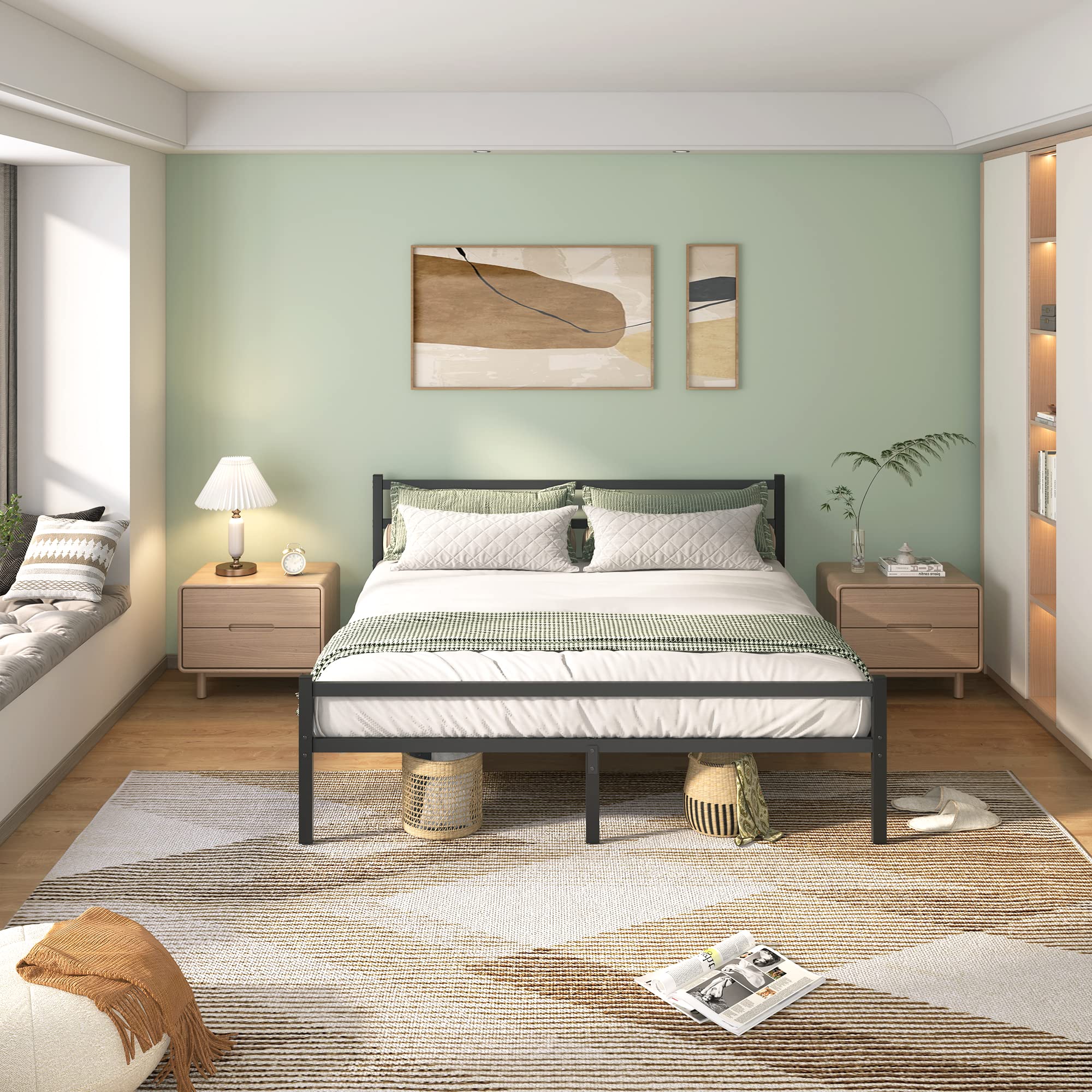 FEMOND Twin & Queen Bed Frame with Headboard