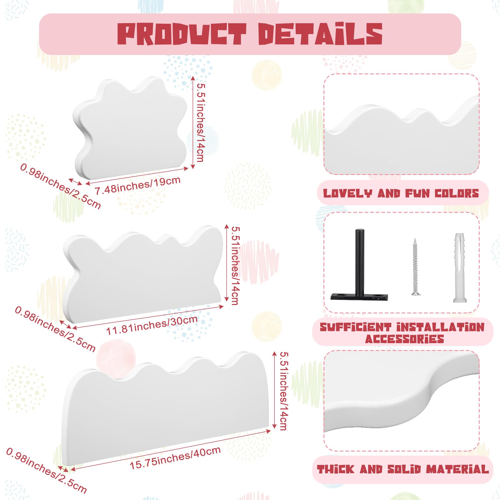 Geetery 3 Pcs Wavy Floating Shelves Cute Cloud Shelves Kawaii Danish Room Decor Funky Squiggle Wall Shelf Preppy Book Shelf for Wall Bedroom Bathroom Display (White)