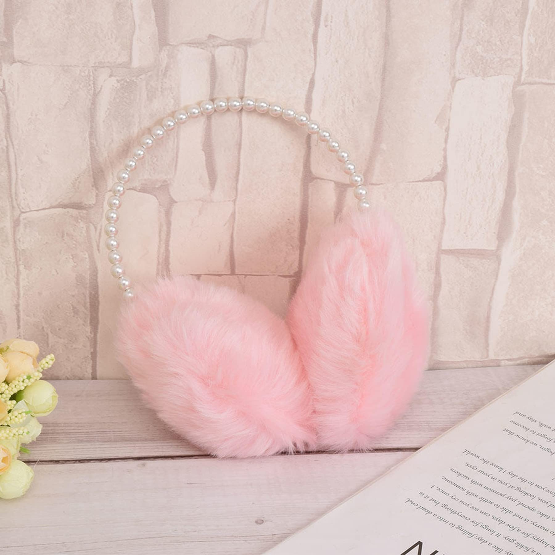 EOPER 2 Pieces Pearl Winter Earmuffs, Soft Plush Ear Warmers, Cold Weather Warm Hair Accessories (White+Pink)