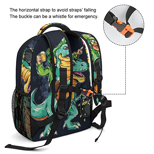 MEIKKO Green Dinosaur Backpack Saint Patrick's Day Leprechaun Large computer Bags with Chest Strap,Lightweight Casual Daypack for Women Men Hiking Travel Work and Business 16 Inch