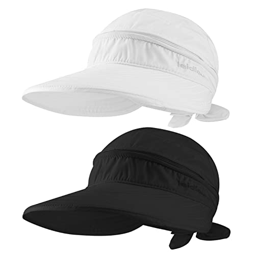 MEINICY Womens Sun Visor Hat Wide Brim, 2 in 1 Zip-Off Sun UV Protection Foldable Adjustable Visors Beach Hats for Women (2 Pack Black+White)