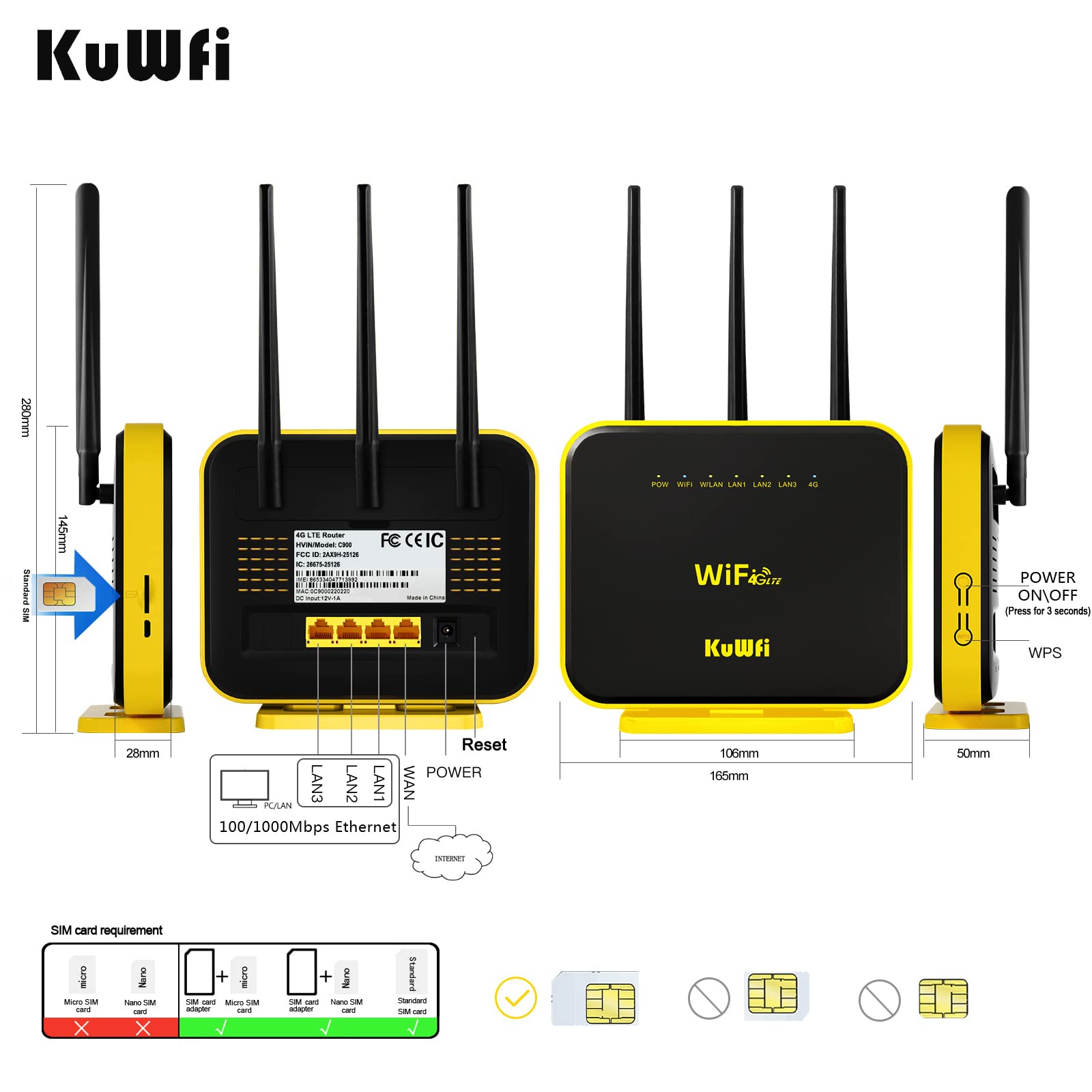 KuWFi vSIM Hotspot 4G LTE Router 1200Mbps Dual Band Gigabit WiFi External Antenna with US 2GB Data vSIM Router Offer high-Speed Data Plans to accommodate RV orRural No Contract Plug and Play