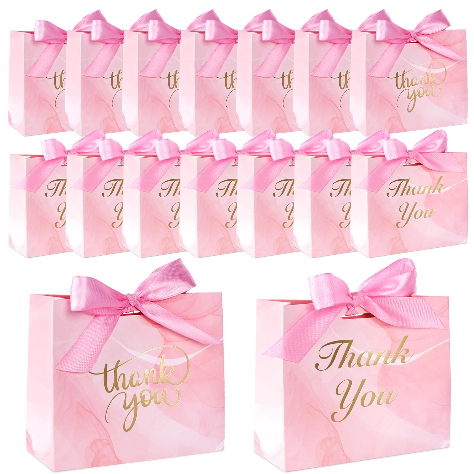 Shindel 16PCS Small Thank You Gift Bags, Mini Party FavoR Bags Pink Candy Bags Treat Boxes Paper Gift Bags with Bow Ribbon for Wedding Bridal Baby Shower Birthday Party