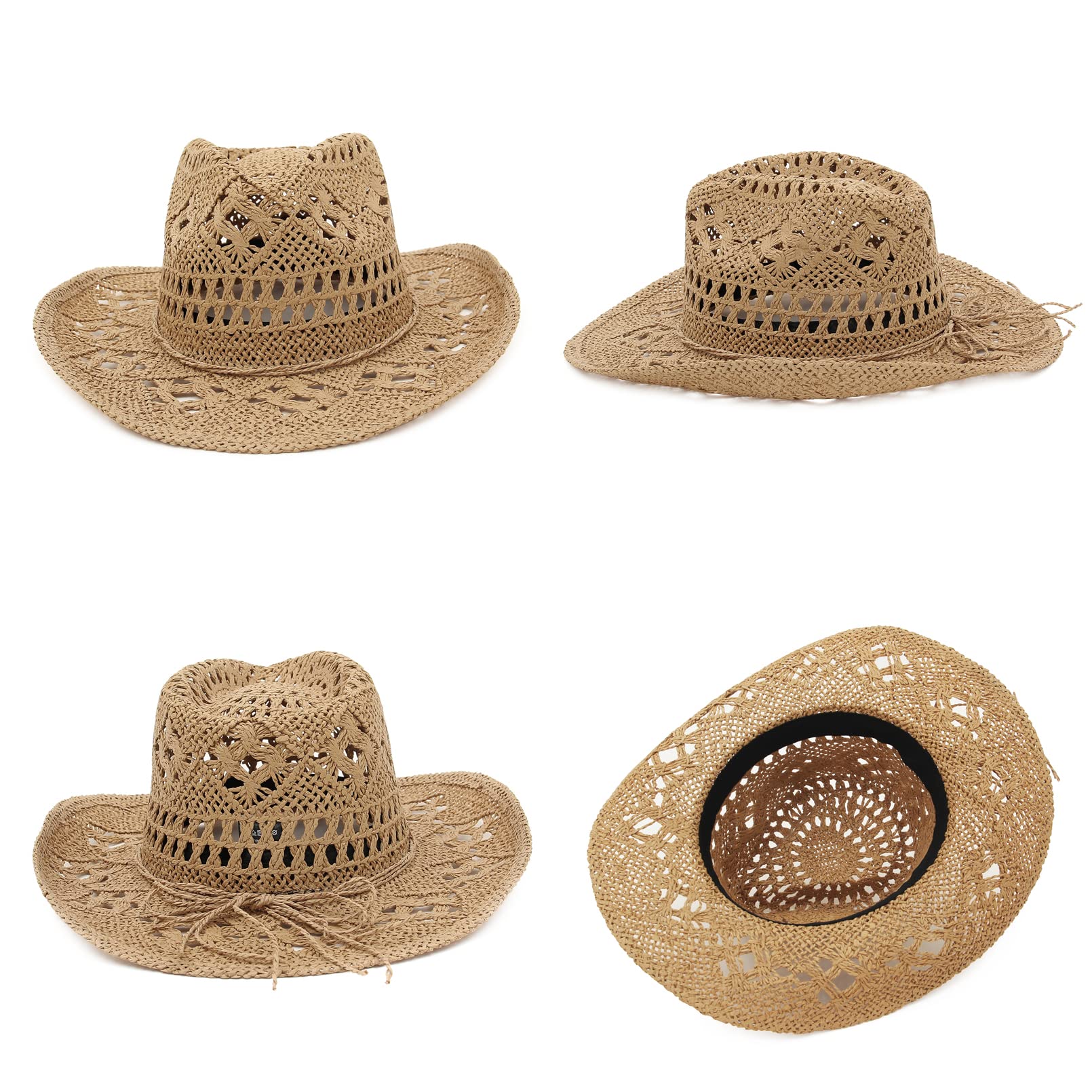 EOZY Men & Women's Summer Cowboy Cowgirl Straw Hat Hollow Out Woven Roll Up Wide Brim Hat/Camel