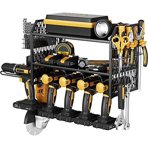 VOPEAK Power Tool Storage Rack with 6 Drill Storage, Pegboard Drill Holder Tool Shelf, Garage Storage Rack for Cordless Drill, Father's Day, Light Black