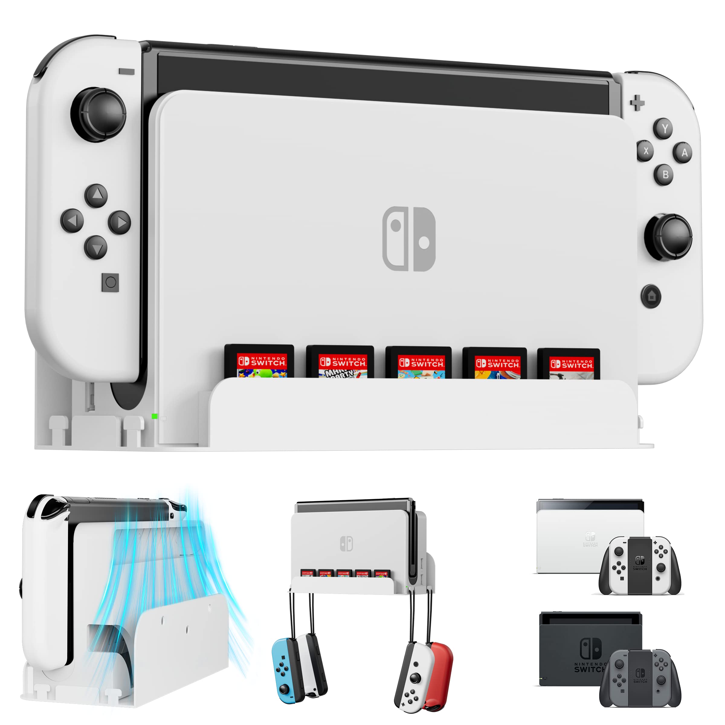 HANTNOOL Upgraded Wall Mount for Switch OLED and Switch, Metal Wall Mount Bracket with Back Airflow Gap Design, 4 Hooks for Joy Cons and 5 Game Card Holders (White)