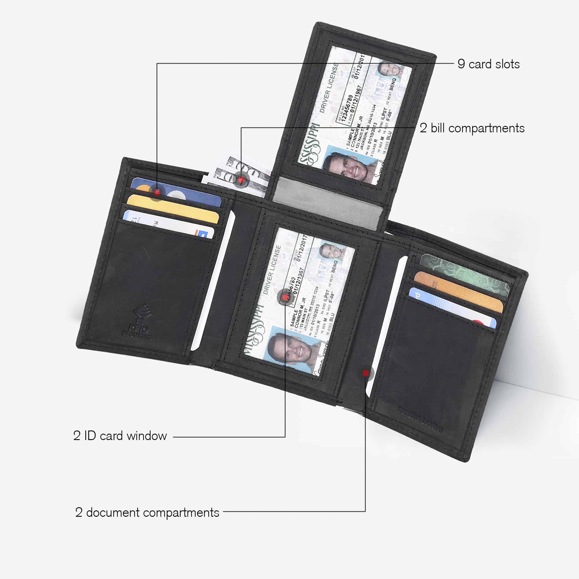 ESTALON Leather Trifold Wallet For Men with RFID Blocking - Men's Trifold Wallet with 9 Credit Card Slots 2 ID Window - Gifts For Men, Him (Black Hunter)