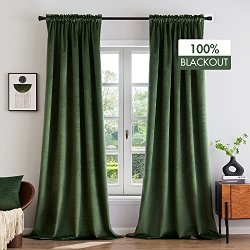 MIULEE Olive Green Velvet Curtains 96 inches Long and 100% Blackout Velvet Curtains