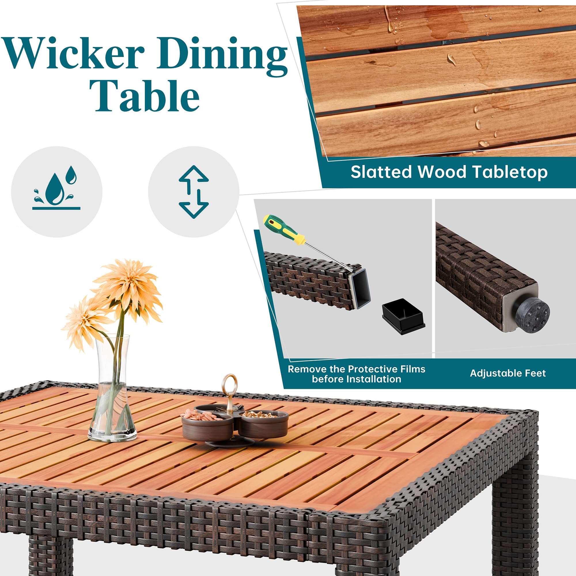 Shintenchi 5 Piece Patio Dining Set, Wicker Patio Conversation Set with Wood Table Top, Outdoor Table and Chairs with Soft Cushions for Backyard, Deck and Garden, Brown Rattan