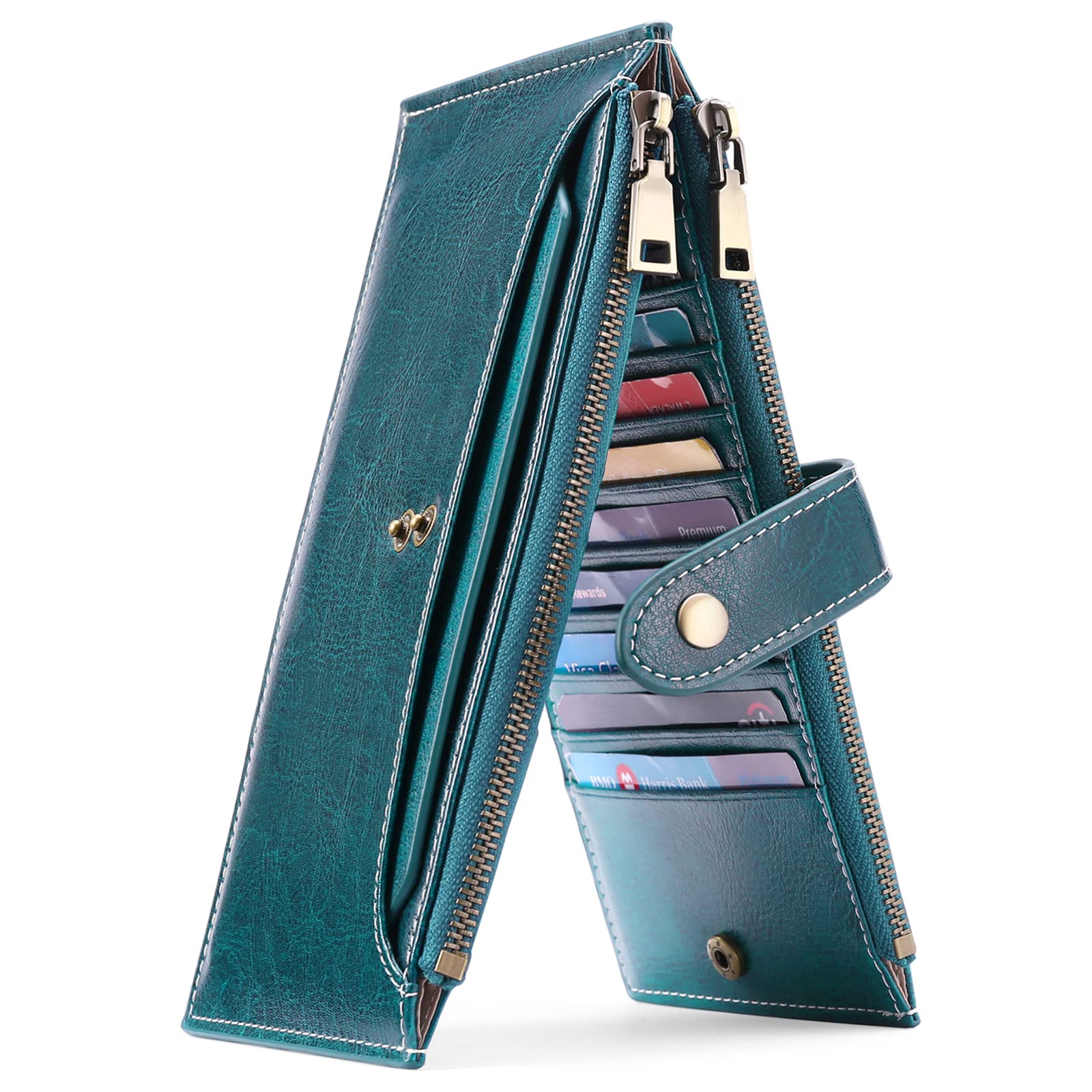 KELEEL Women Wallet RFID Blocking Bifold Genuine Leather Wallet with Double Zipper Pocket Removable Card Sleeve Multi Card Case Phone Holder Clutch (Classic Blue)