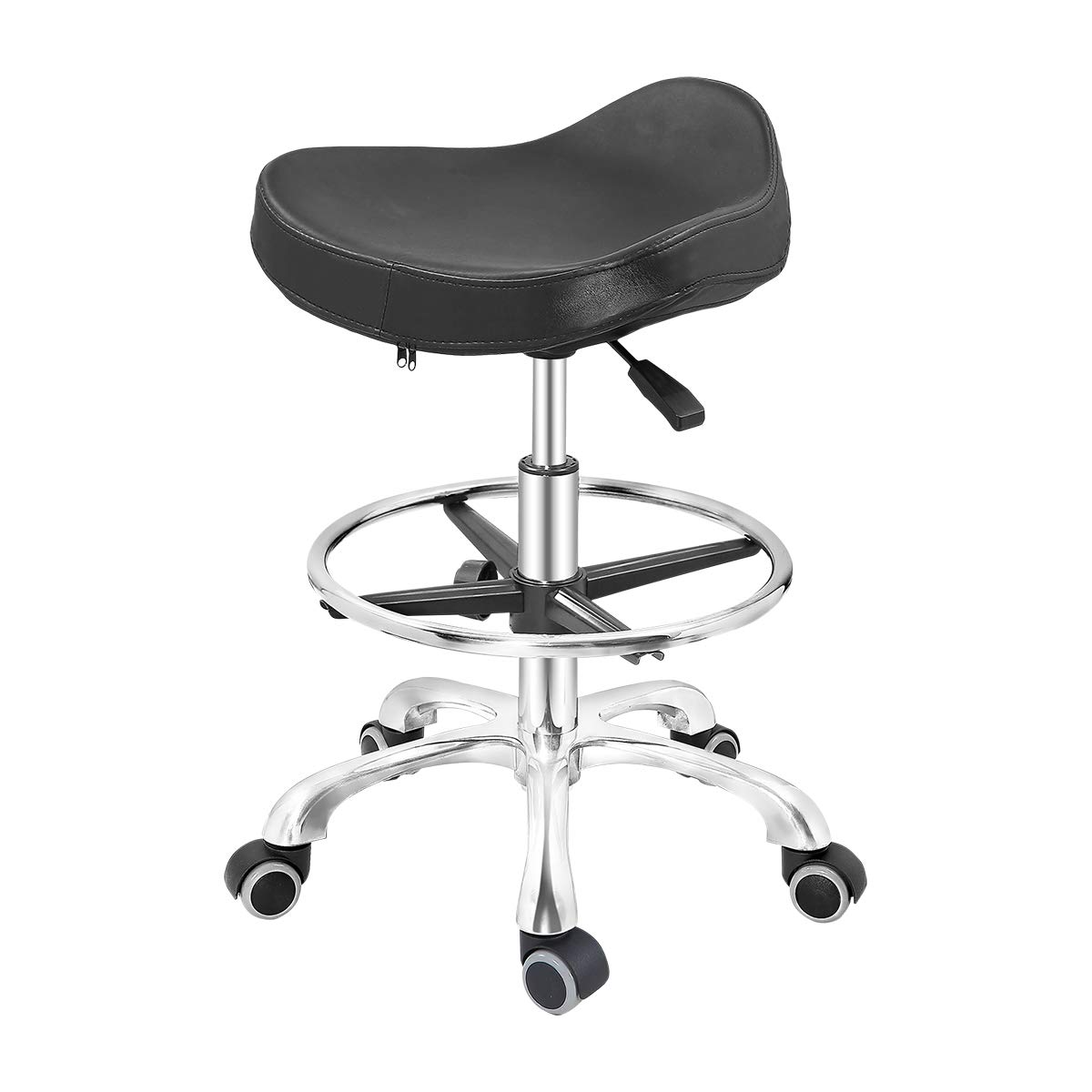 Grace & Grace Height Adjustable Rolling Swivel Stool Chair with Ergonomic Seat and Comfortable Footrest Heavy Duty Metal Base for Salon,Shop, Kitchen (Black, with Caster)