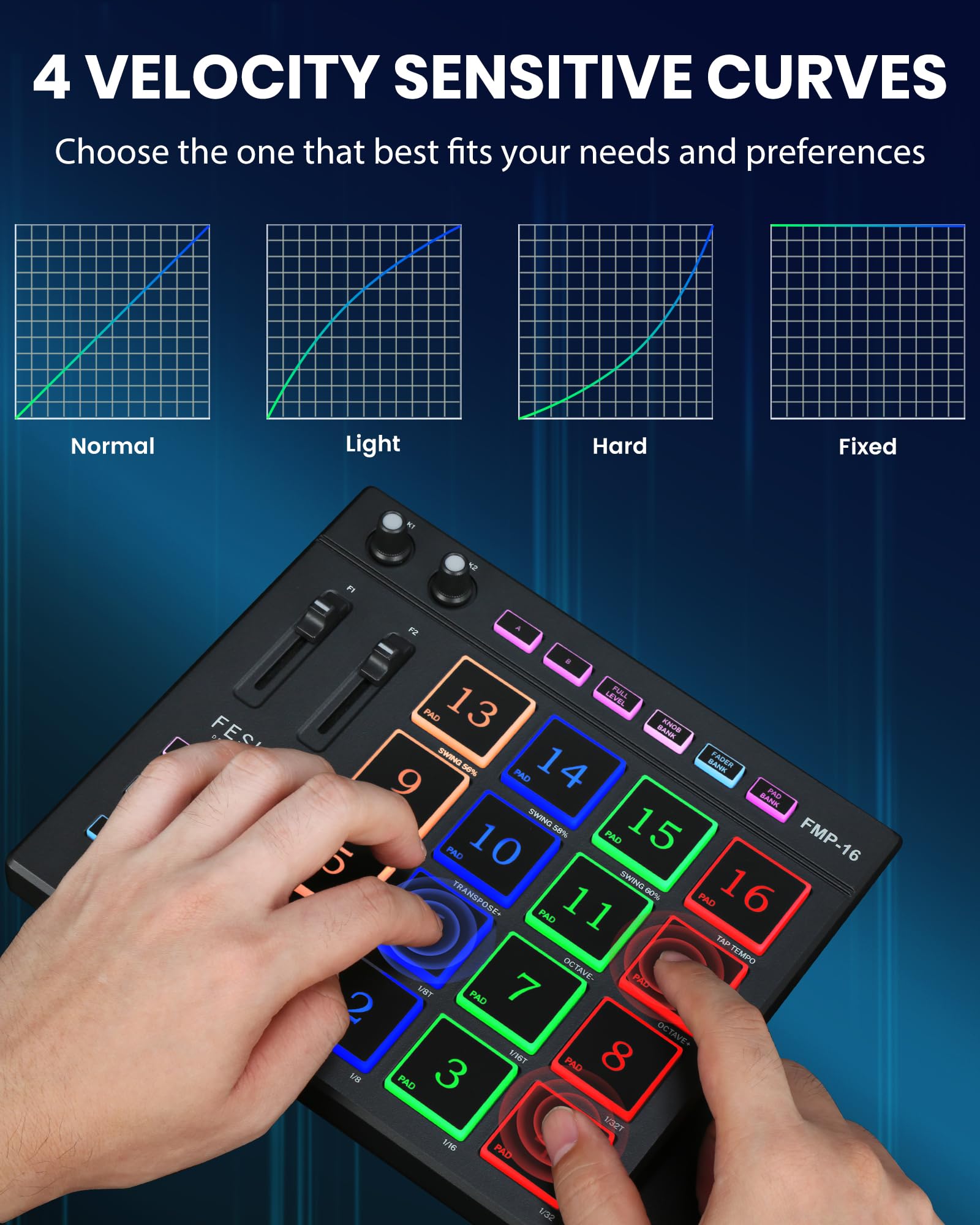 Fesley MIDI Controller Professional, Beat Maker Machine with 16 Beat Pads, MPC with 2 Assignable Fader & Knobs, Portable MIDI Pad Controller, Beat Machine for Music Making