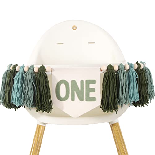 Greenery 1st Birthday High Chair Banner,Nature 1st Birthday Highchair Banner , One Birthday High Chair Banner , Tassel Bunting , Wooden Tassel Garland (Greenery 1st Birthday Banner Green)