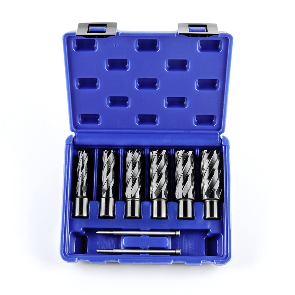 OSCARBIDE Annular Cutter Set 8 Pieces, 3/4"Weldon Shank,2"Cutting Depth,(9/16,11/16,13/16,15/16,1,1-1/16) inch Cutting Diameter,Mag Drill Bits for Magnetic Drill Press with 2pcs Pilot Pins