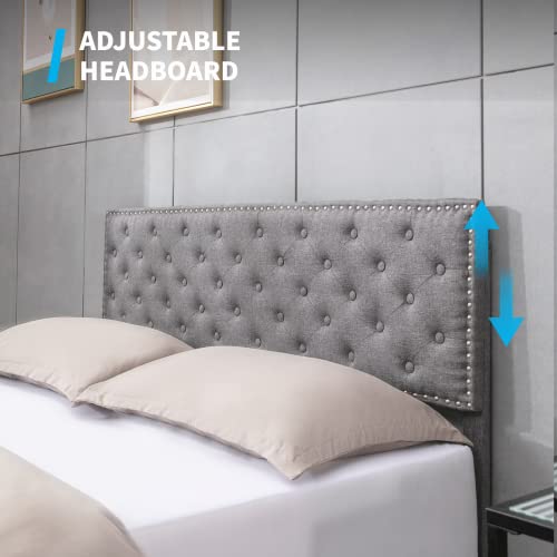Mjkoen Bed Frame with Storage, Tufted Bed Frame with 4 Storage Drawers,King Size Upholstered Bed Frame with Adjustable Headboard for Bedroom Light Grey
