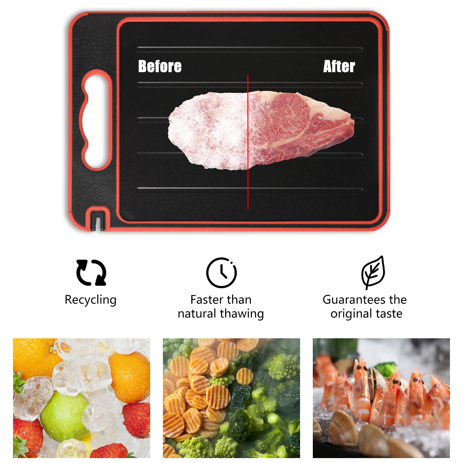 LIZHOUMIL Defrosting Tray, 4-in-1 Board Double-Sided Frost Away Plate Chopping Board Kitchen Gadget with Knife Sharpener Cutting Board red Black