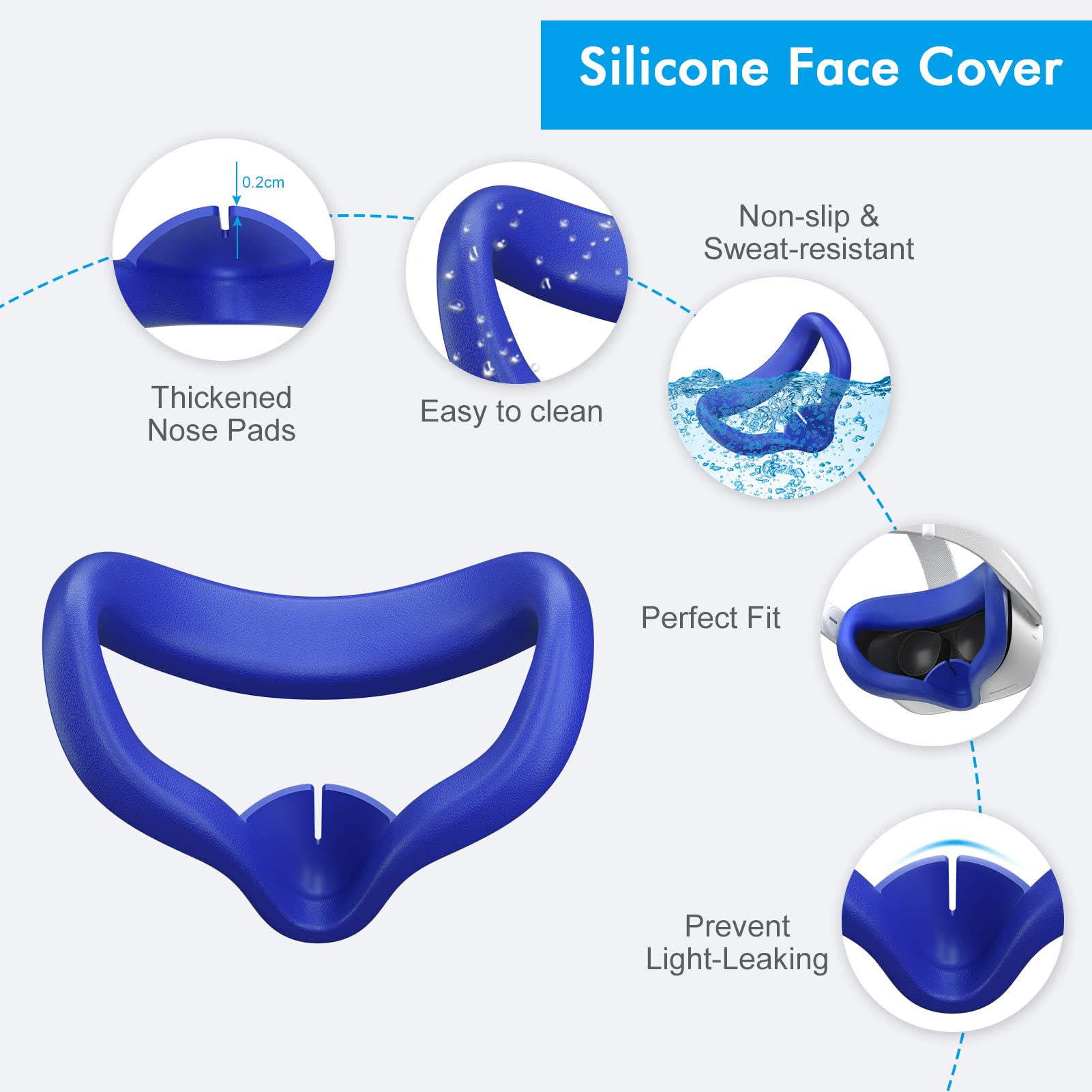 EWalos Accessories for Oculus/Meta Quest 2, Touch Controller Leather Grip Cove, Face Cover and Lens Protective Cover, Sweat-Proof, Light-Proof, Anti-Throw and Comfort(Blue)