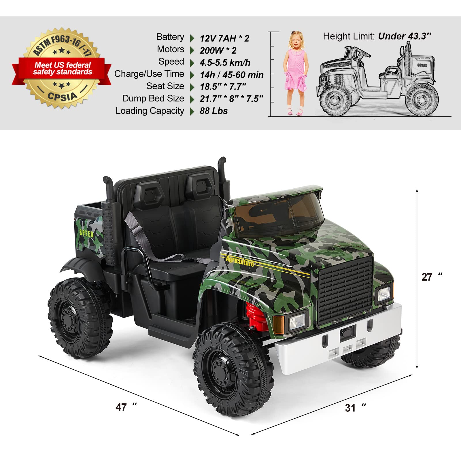 JOYLDIAS 2 Seater Ride On Car, 24V Battery-Powered Toy Tractor with Trailer, Dump Bed, Dual Motors, 4 Large Wheels, 2.4G Remote Control, 3 Speeds, Bluetooth, Camo Green, 47 * 31 * 27 inches