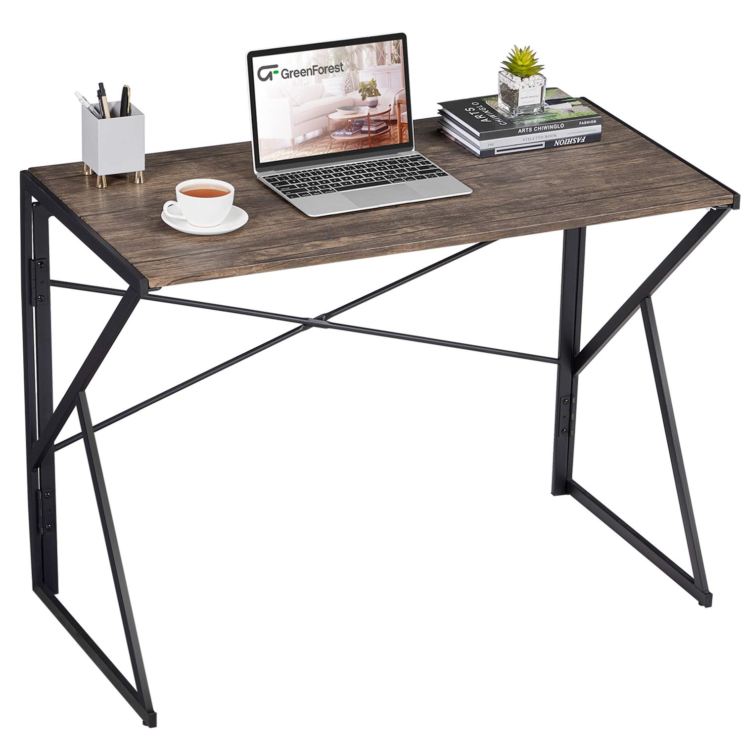 GreenForest Folding Desk No Assembly 40" Foldable Writing Computer Desk Simple Home Office Desk Laptop Table Space Saving, Walnut
