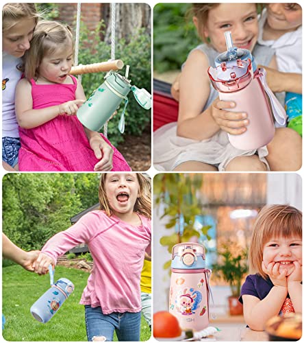 TKK Kids Insulated Water Bottle 16 oz Double Wall Vacuum Stainless Steel Thermos with Leak Proof Straw Lid & Strap Handle & Sticker (Yellow)