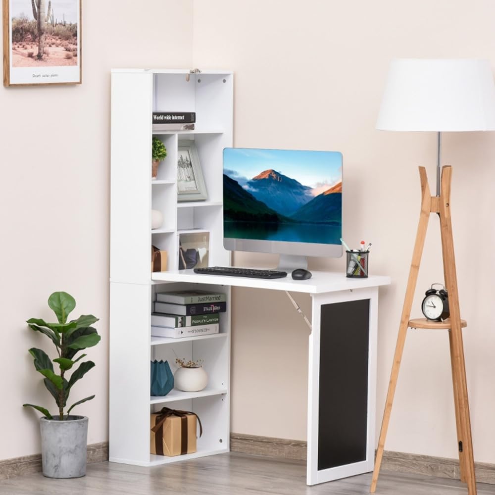 TOQIJUN Folding Wall Mounted Desk, Floating Desk with Chalkboard, Space Saving Fold Up Desk Wall Mounted Convertible Desk, Wall Mounted Table with Storage Shelves & Hooks,White
