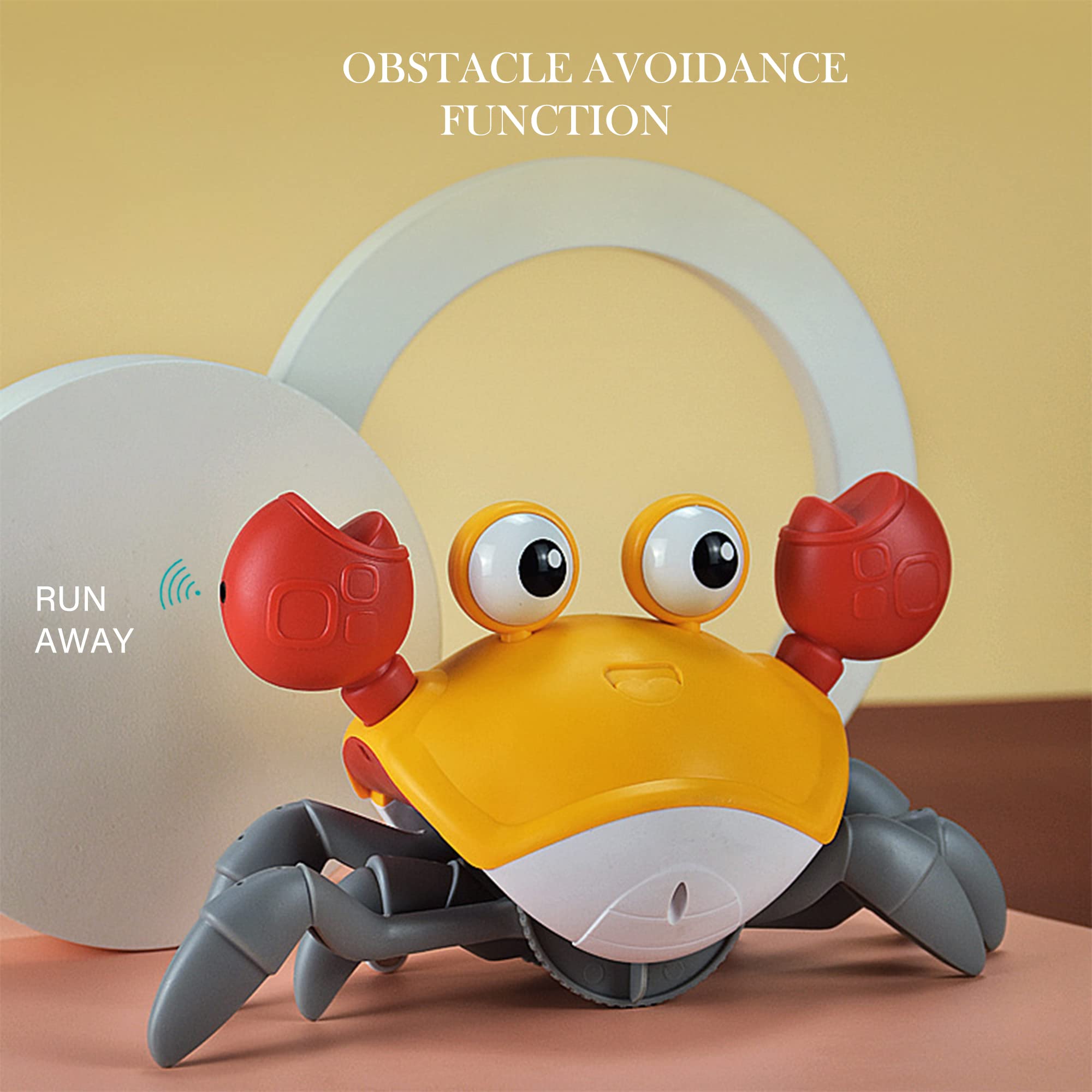 HUT Crawling Crab Baby Toy with Light Up for Kids Toddlers, Musical Toy with Automatically Avoid Obstacles, Sensory Walking Crab Toy for Kids, Tummy Time Crab Pet Toy Gift (Orange)