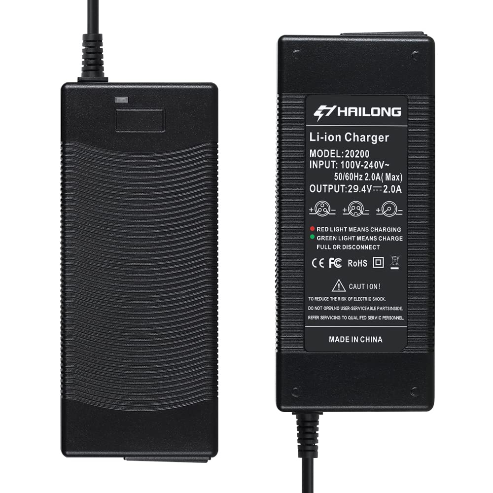 H HAILONG 29.4V 2A Lithium ion Battery Charger for 25.2V 25.9V 24V Battery with 2 Plugs (8mm 3-Prong and DC 5.5 x 2.1 mm Plug)