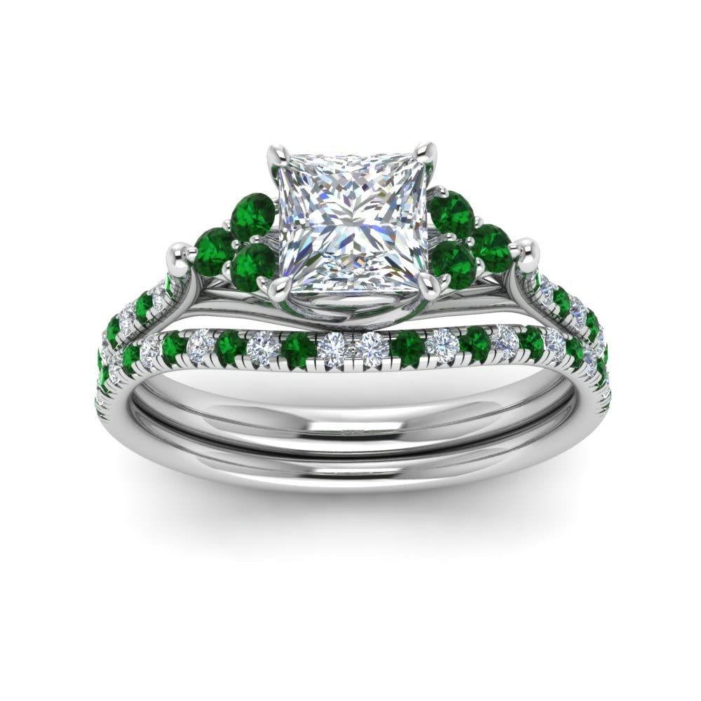 Gemsonclick Princess Cut Petite Cathedral Wedding Ring Set sterling silver Created Emerald Princess shape Green color Wedding Ring Sets prong Setting in Size 7 Casual Wear for Gift