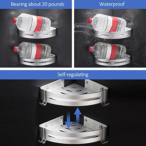 pentaQ 2 Pack Corner Shower Shelves with 8 Removable Hooks, No Drilling Adhesive Wall Mounted Aluminum Bathroom Shelf, Corner Shower Caddy Shelf Basket Shampoo Holder Organizer