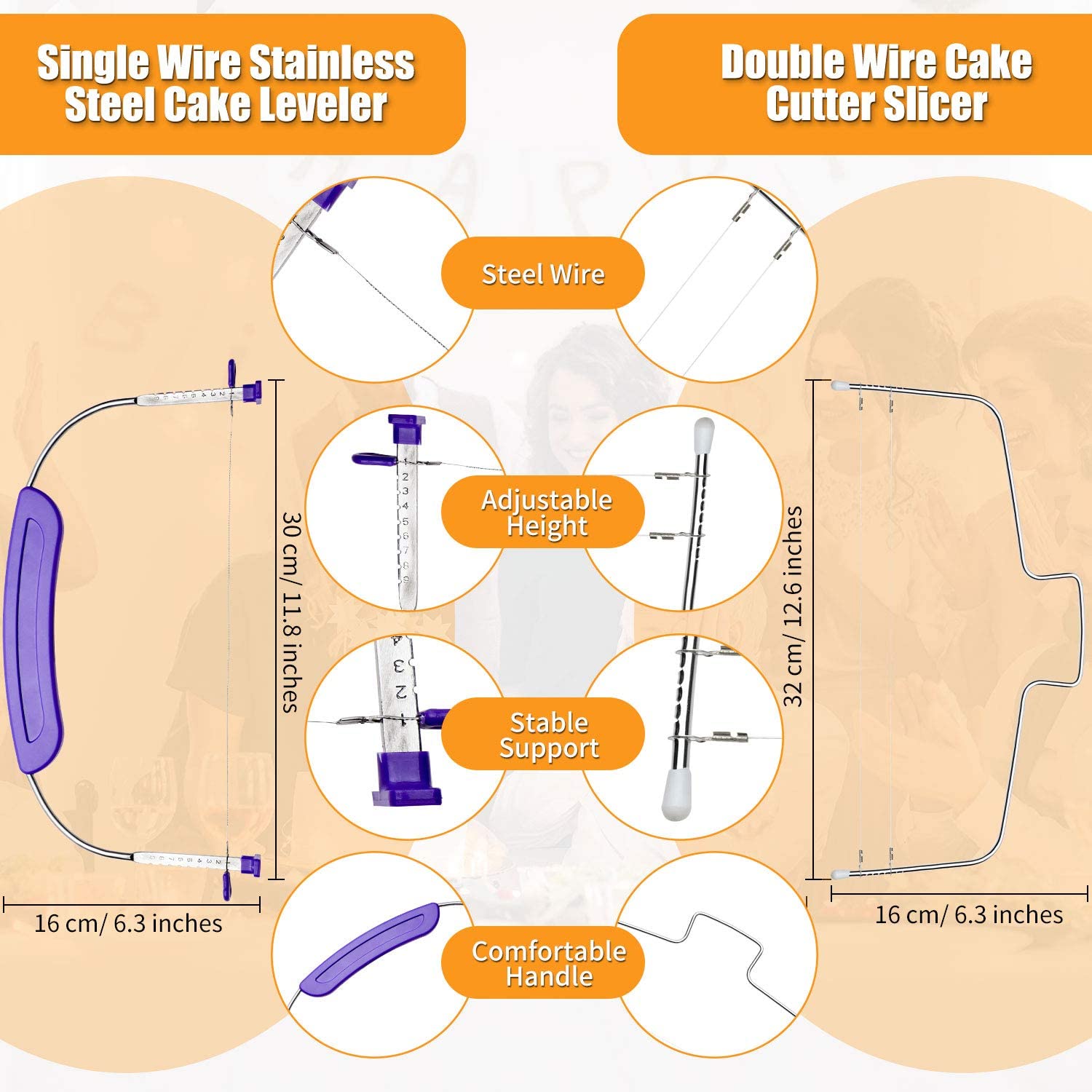 Kitchen Cakes Baking Tool,Adjustable Cake Levelers, Double Wire Cake Slicer Levelers,Bonus 1 Stainless Steel Wire for Wedding Birthday Layer Cake, Suitable for 10 Inch Cake