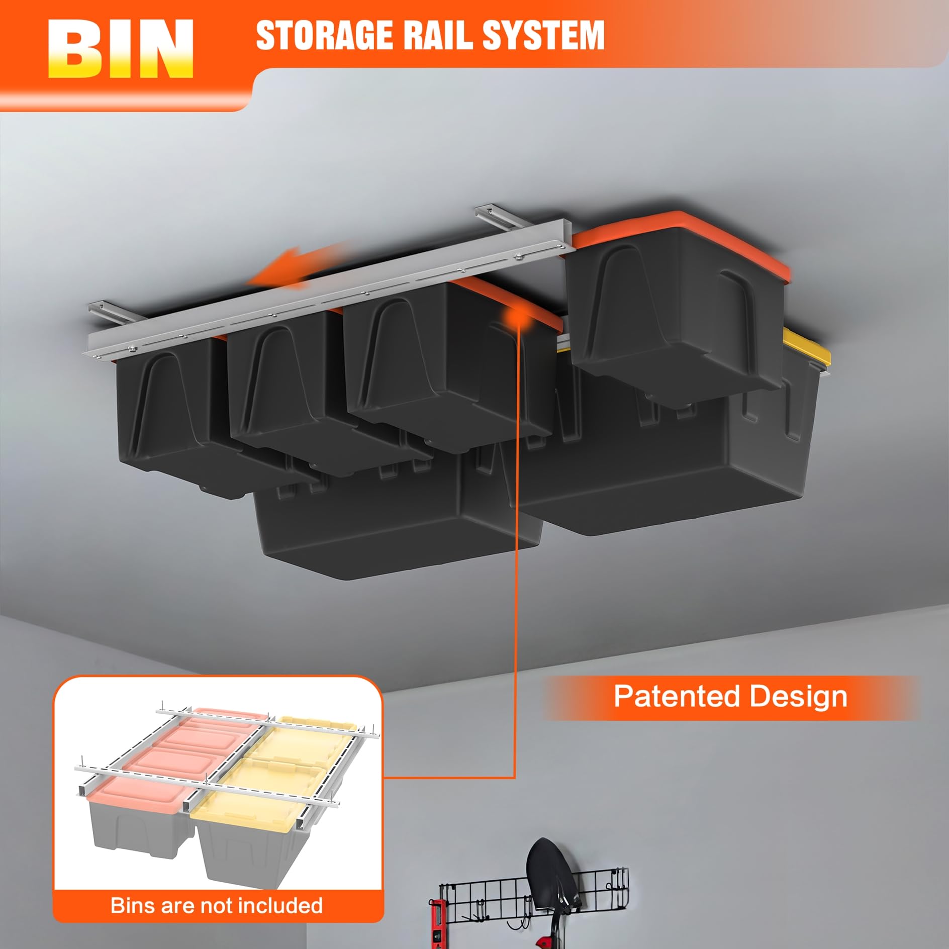 TORACK Garage Ceiling Bin Storage Rack, Overhead Tote Storage Rail System Heavy Duty Adjustable Tote Slide Garage Storage System(Black, Bins are not included)