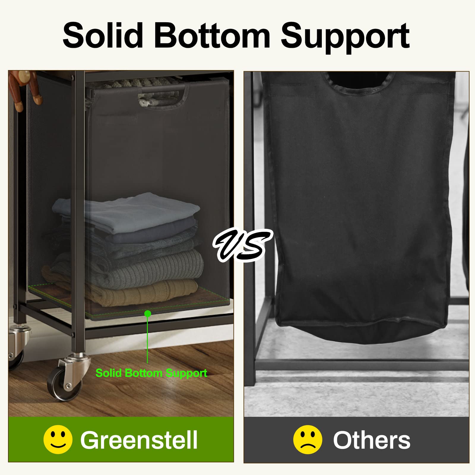 Greenstell Laundry Hamper with Shelf, 94L Laundry Basket with wheels, Large Laundry Sorter with Slide Rails, with 2 Pull-Out and Removable Laundry Bags, Sturdy Metal Frame