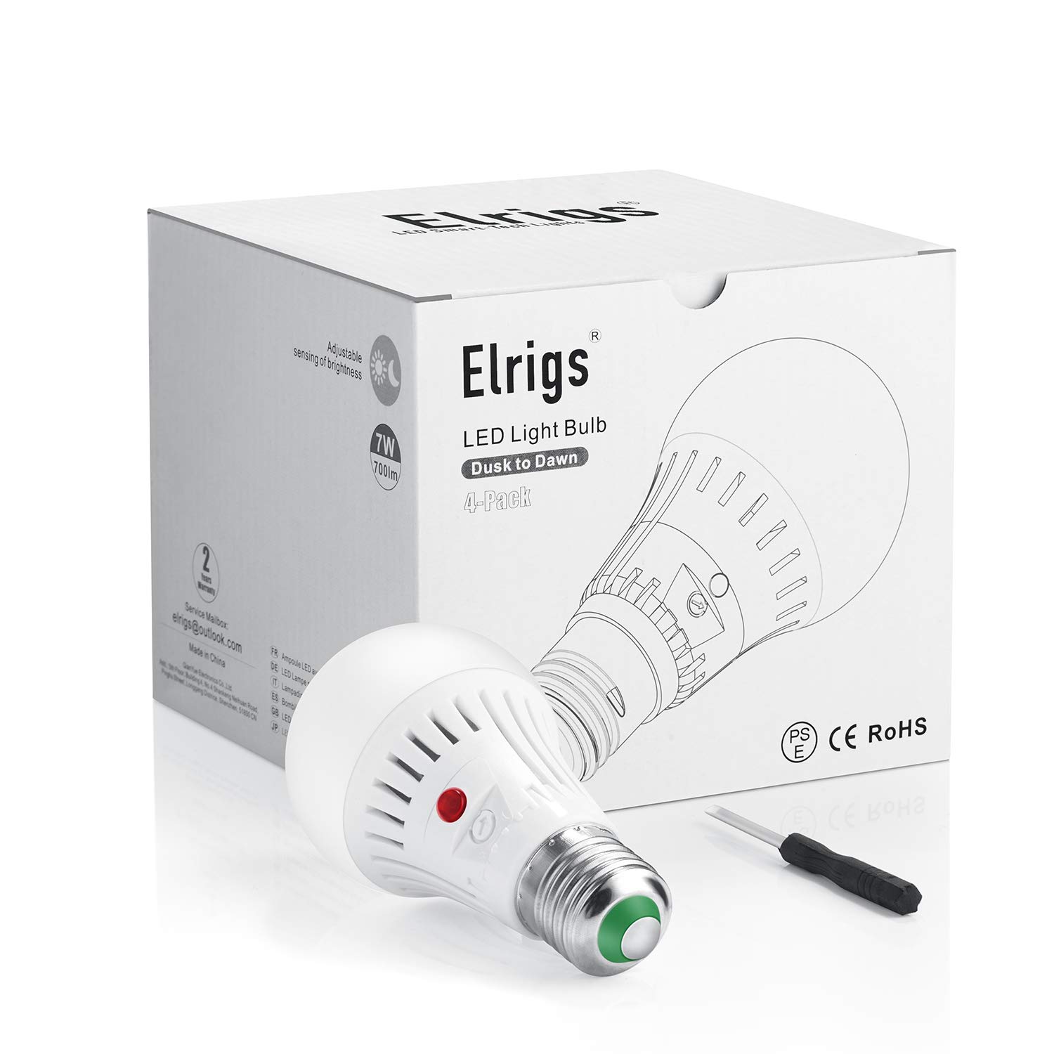Elrigs Dusk to Dawn Light Bulbs, Outdoor Sensor LED Bulb with Adjustable Photocell Light Sensor, A19 Automatic Lighting, E26 Medium Base, 7W Replace 60W, Cool White(6000K), 2-Pack