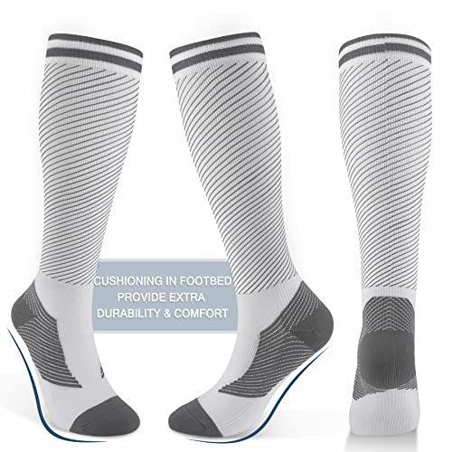 FULLSOFT Medical Graduated 30-40mmHg Compression Socks for Women&Men Circulation Knee High Socks Hiking Running Nursing Stockings(S,White)
