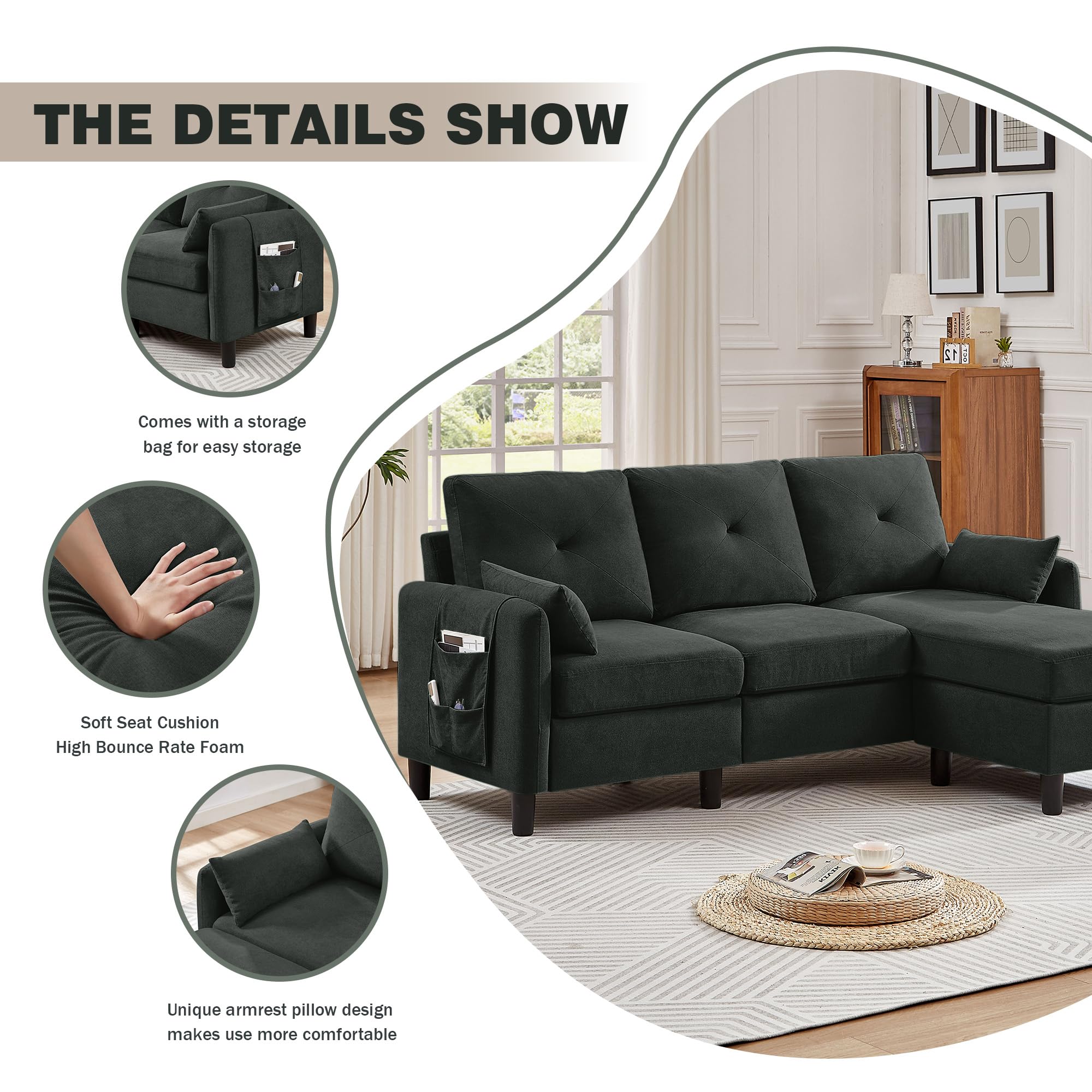Tornama Convertible Sectional Sofa Couch 3 Seat L Shaped Sofa with Pillows, 77" Linen Fabric Small Couch with Reversible Chaise and Side Pockets for Living Room, Apartment and Office, Black