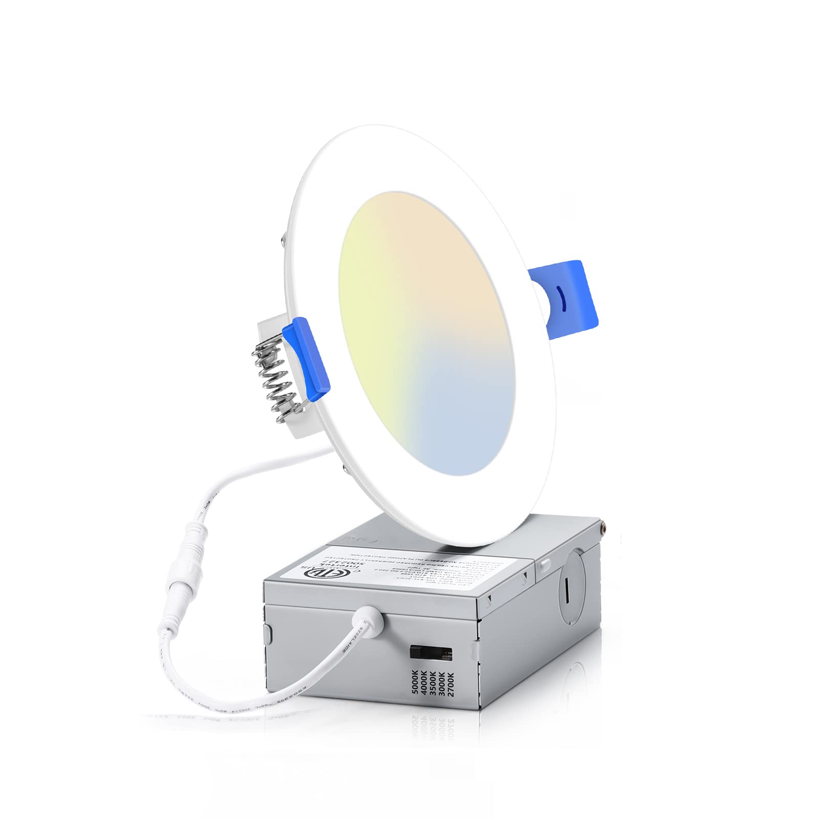 INCARLED 5CCT 1Pack LED Recessed Lighting 4 Inch, 2700K/3000K/3500K/4000K/5000K Selectable, Dimmable Canless Wafer Lights with Junction Box, 9W 750LM, ETL Energy Star Listed