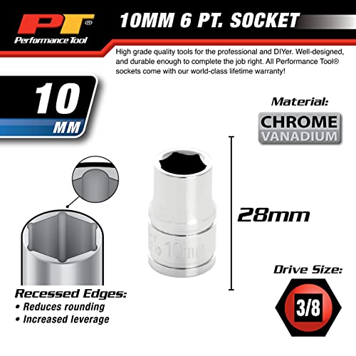 Performance Tool W38210 6-Point Socket, 3/8-Inch Drive, 10mm