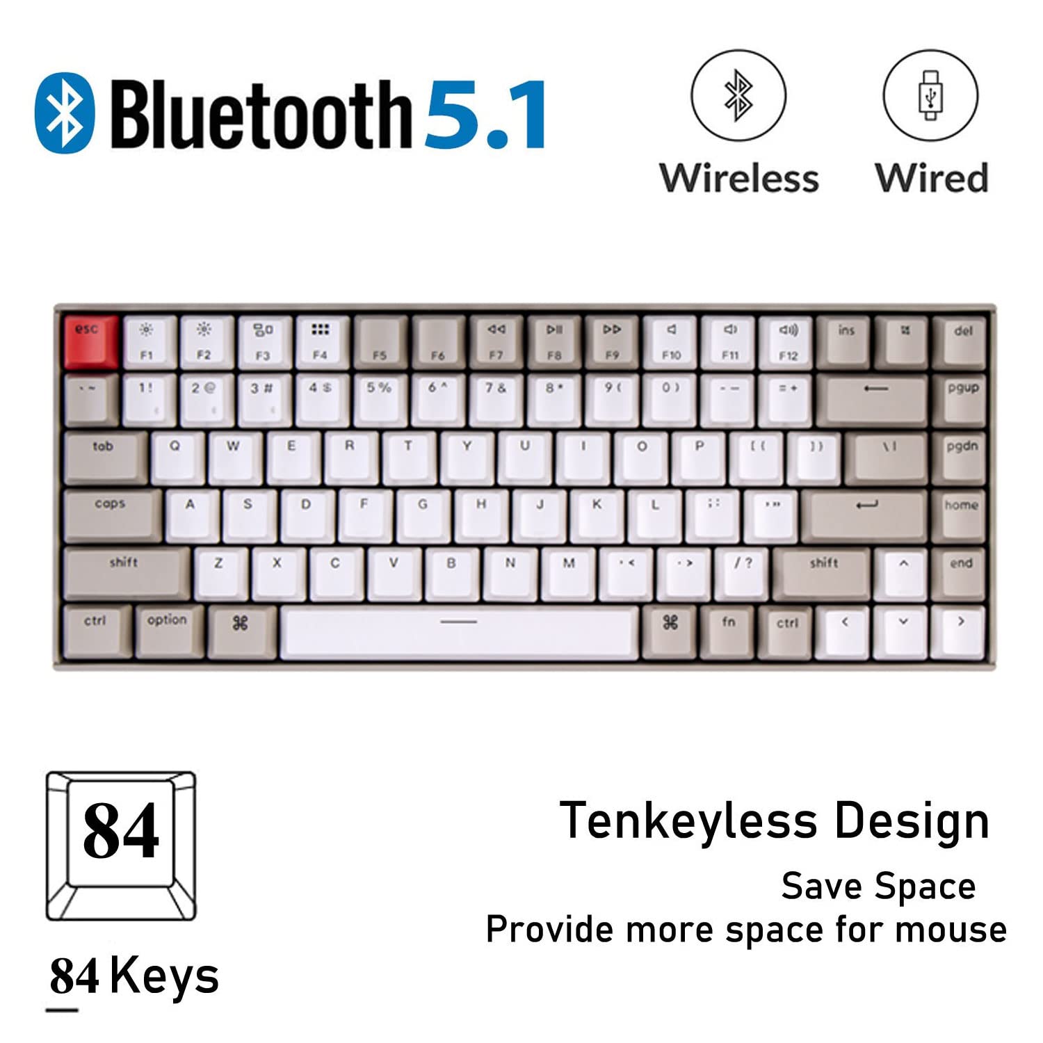 Keychron K2 Gaming Mechanical Keyboard Wireless/Wired, 84 Keys Retro Typewriter Mechanical Keyboard, Multitasking Bluetooth Keychron Brown Switch Computer Keyboard for Windows Mac PC Gamer