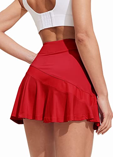 Ekouaer Athletic Skorts for Women Light Active Skirts with Shorts Pleated Stretchy Cheer Skirts,Medium Red