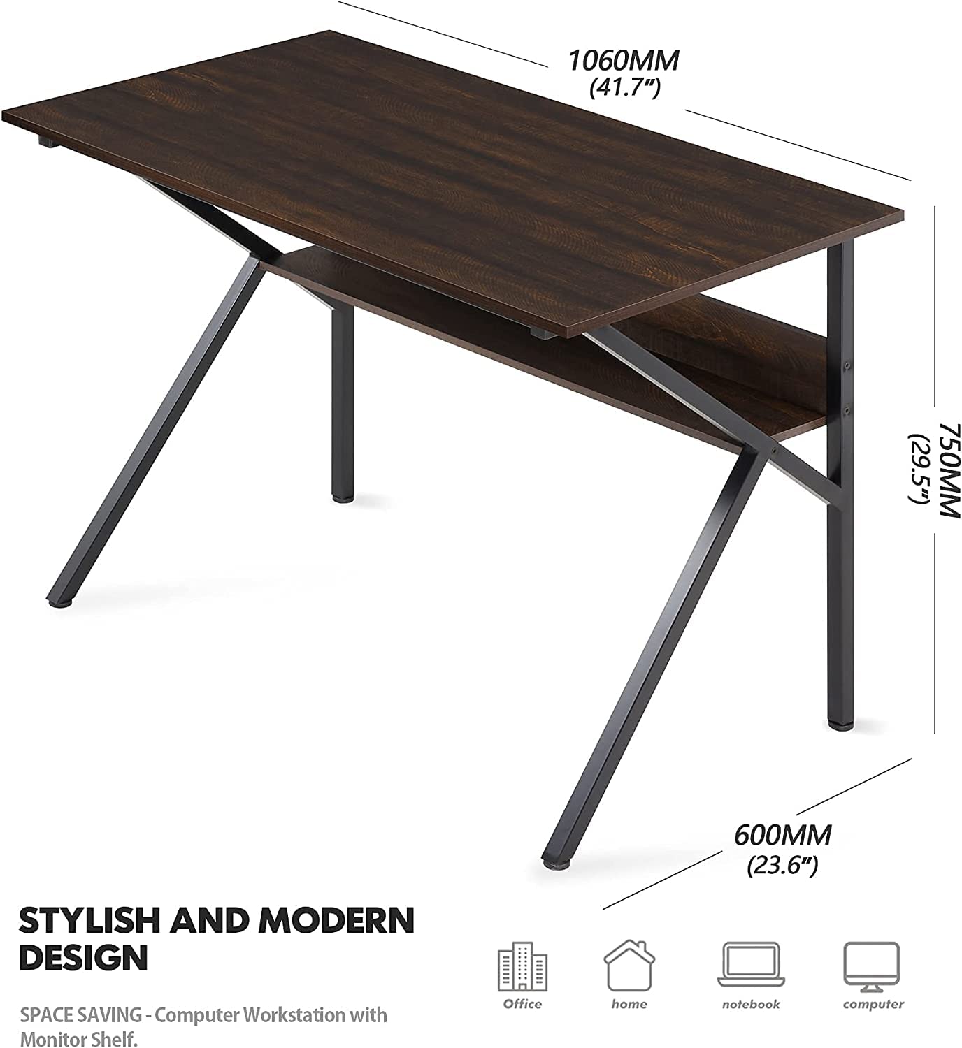 FITUEYES Gaming Computer Desk with Blue LED Light, 27" Sturdy Writing Tables with Storage Shelf for Home and Office