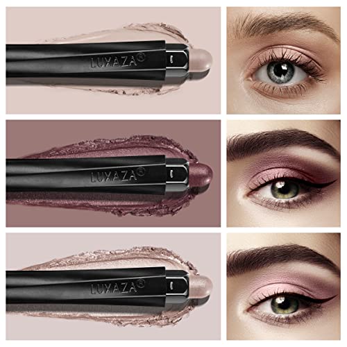 LUXAZA 3PCS Eyeshadow Stick,Matte And Shimmer Cream Eyeshadow Pencil Crayon with Crease-proof Formula,Waterproof & Long Lasting Eye Shadow And Eyeliner Pen Sets,Peach Pink