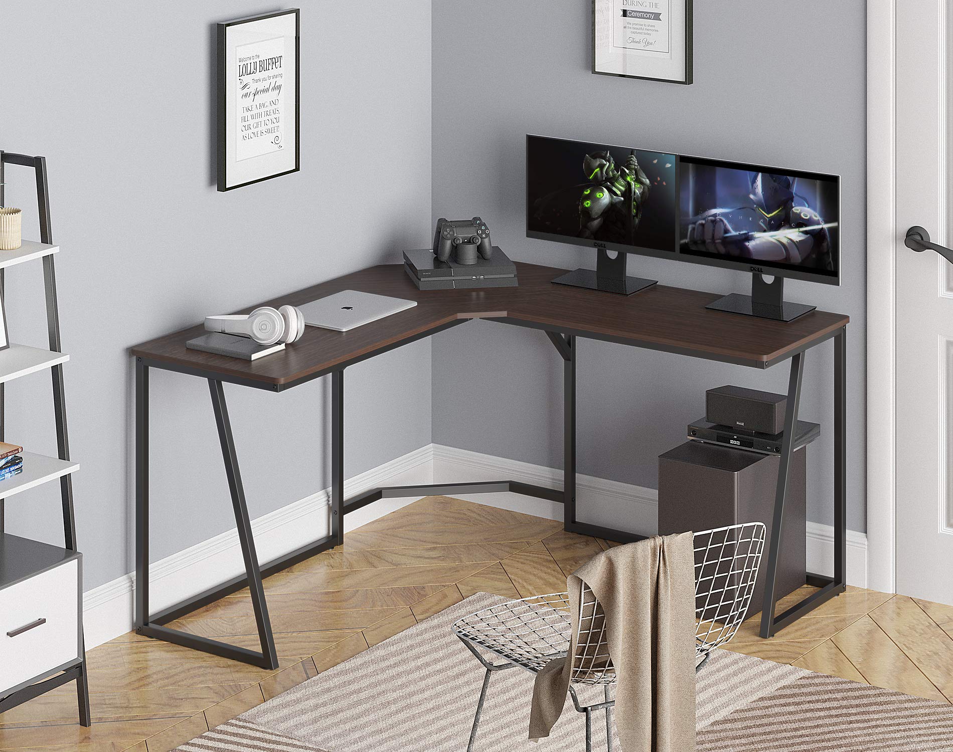 FITUEYES L-Shaped Office Desk,54.9" Corner Gaming Table,Writing Workstation for Small Space,Retro Brown