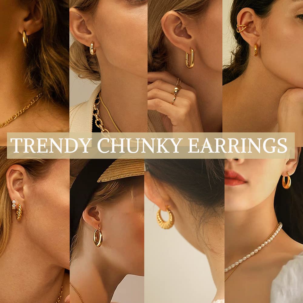 Gold Hoop Earrings for Women,14K Gold Plated Thick Hoop Earrings Pack, Chunky Hoops Set Hypoallergenic, Small Hoop Jewelry