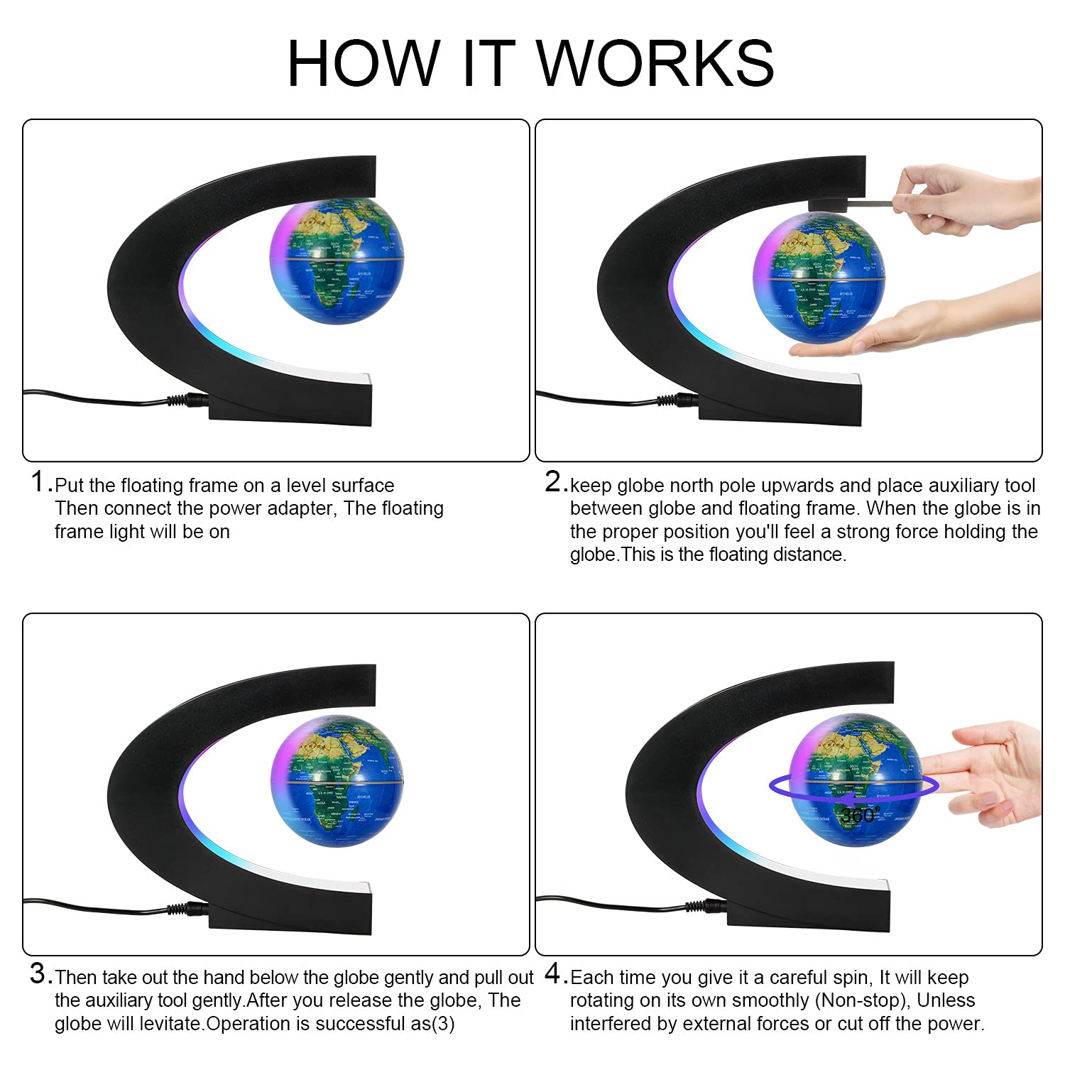Gresus Auto-Rotate Magnetic Levitation Floating World Map Globe with C Shape Base, Floating Globe with LED Lights, Great Fathers Students Business Boyfriend Birthday Gift for Desk Decoration (Blue)
