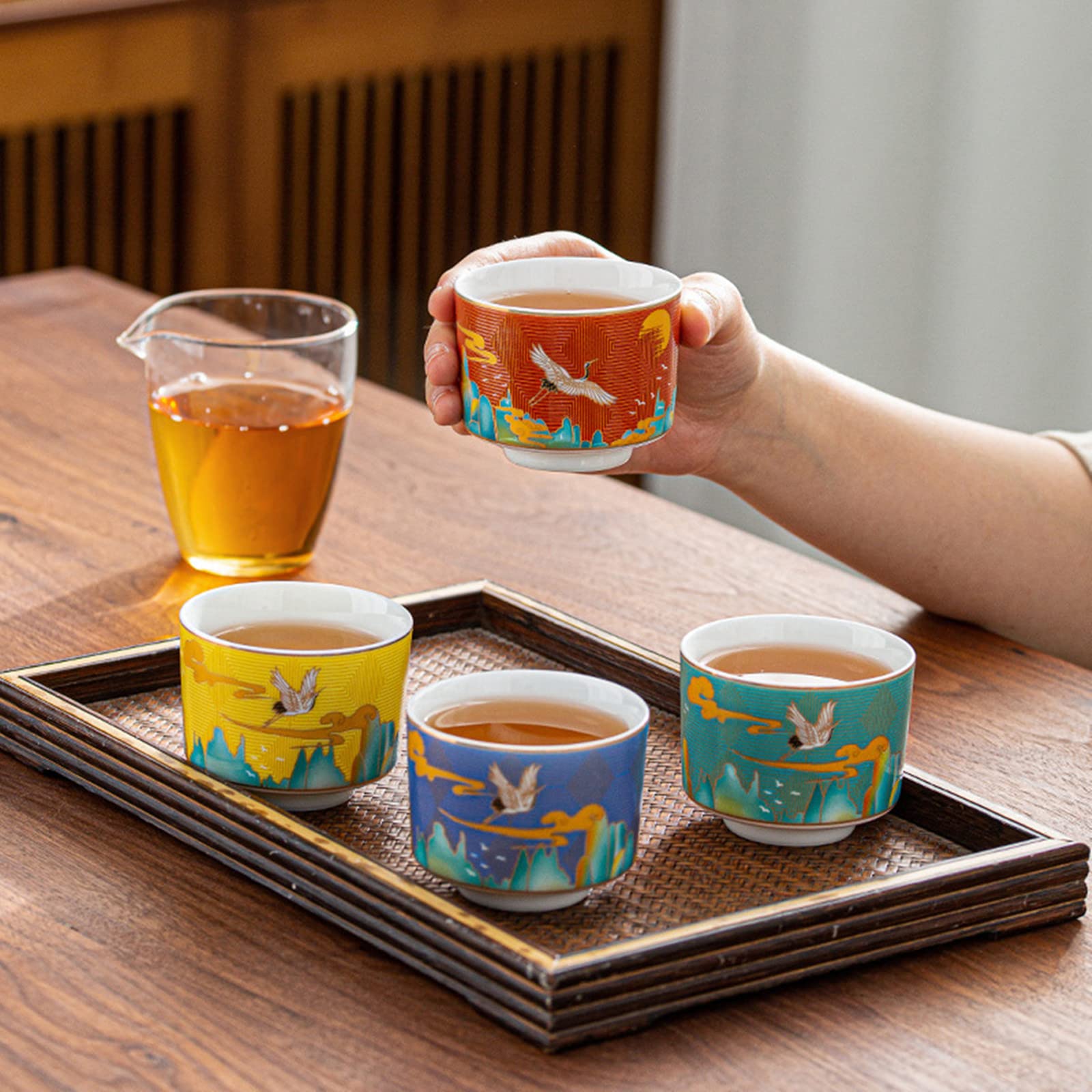 HOHCNA Tea Cups, Ceramic Chinese Tea Cup Set of 4, Japanese Tea Cups, Asian Porcelian Tea Cups, Handleless Ceramic Cup for Matcha Tea,Green Tea,Latte,Cappuccino.