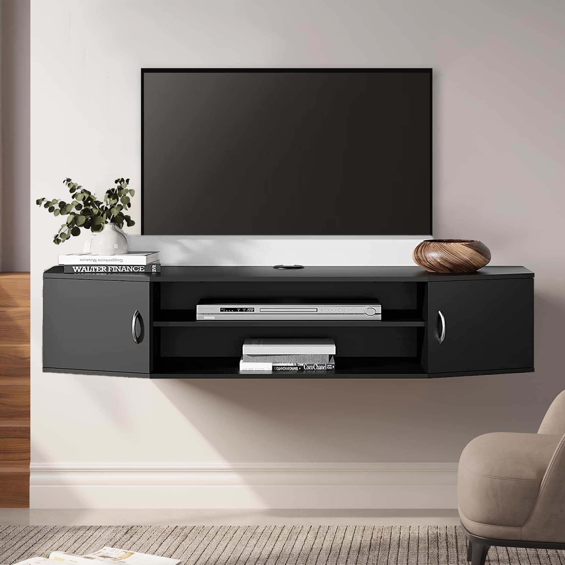 FITUEYES Wall Mounted TV Media Console Floating Desk Storage Hutch for Home and Office, 43.3", Black