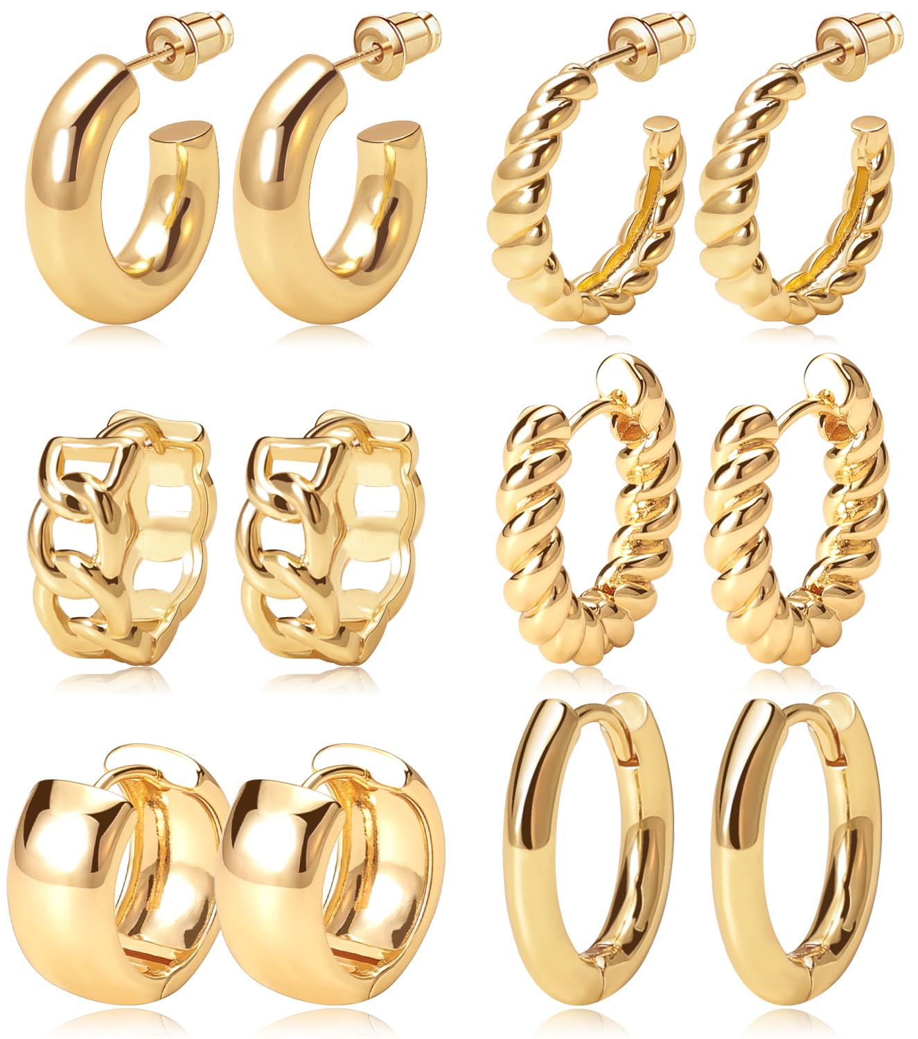 Gold Hoop Earrings Set 14k Gold Plated Huggie Earrings Hypoallergenic Chunky Thick Jewelry for Multiple Piercing Christmas Gift for Women