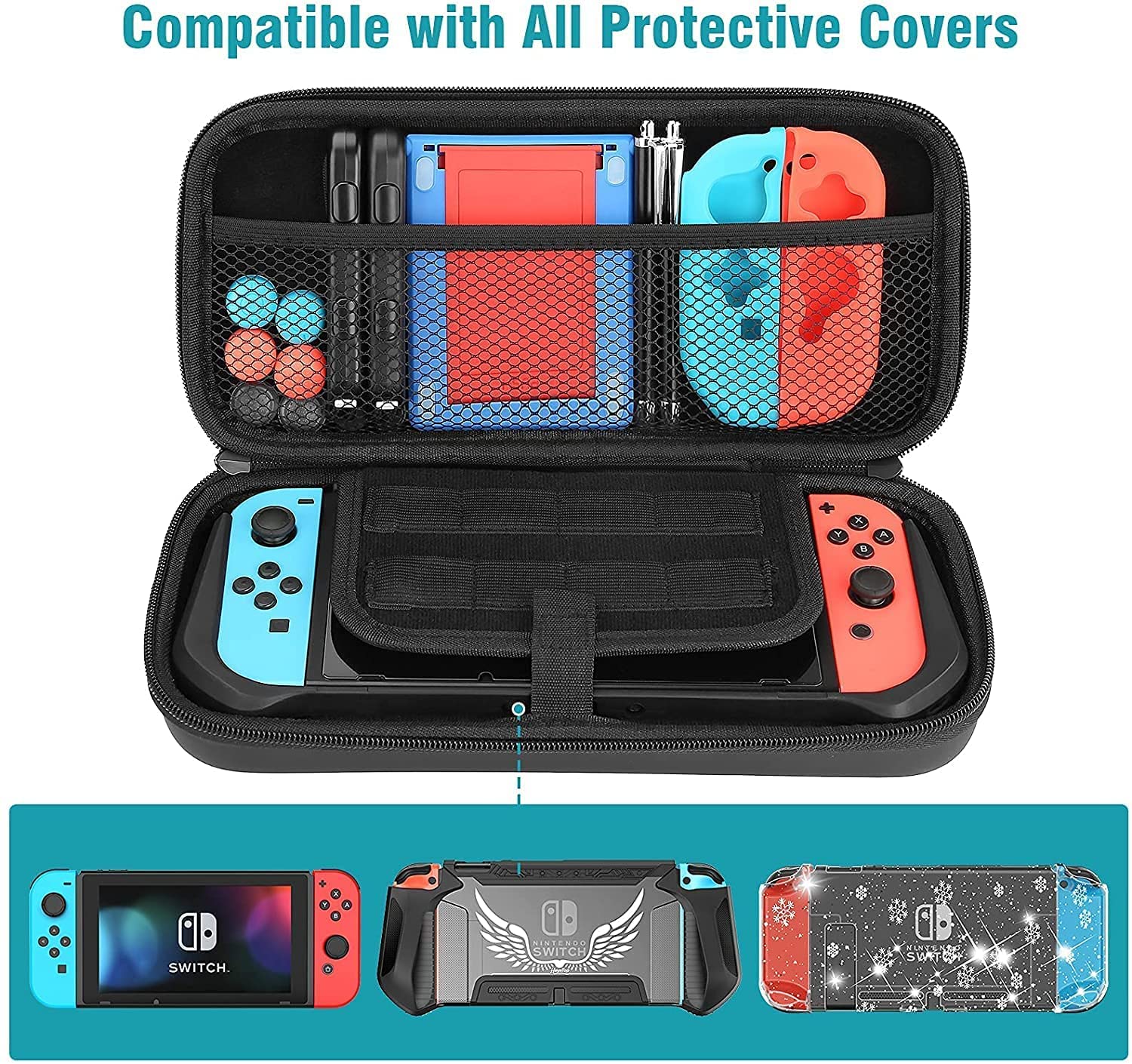HEYSTOP Carry Case Compatible with Nintendo Switch, Upgraded 14 in 1 Switch Accessories Include Travel Case, TPU Protective Case, Screen Protector, Grip Case, Playstand, Touchscreen Pen and Thumb Cap